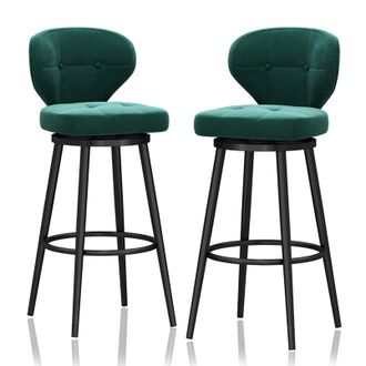 Generic Barhocker-Set, 2Er-Set, Drehbare Barhocker mit Gr&uuml;nem Samtbezug Und R&uuml;ckenlehne, K&uuml;cheninselst&uuml;hle In Tresenh&ouml;he, 75 cm Sitzh&ouml;he, Schwarze Metallbeine