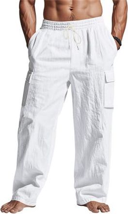 Generic Pantalon de sport en lin pour homme - Pantalon de jogging avec poches multiples - Pantalon en lin avec taille &eacute;lastique - Pantalon de surv&ecirc;tement - Pa