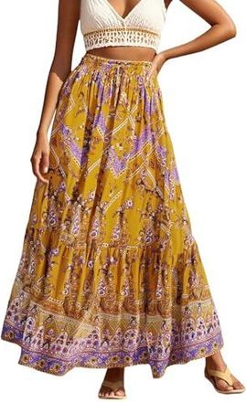 Generic Robes boh&egrave;me 2026 pour femmes, jupes longues boh&egrave;mes fluides, taille haute, trap&egrave;ze, maxi &eacute;t&eacute; pliss&eacute;e, mini, jaune, XXL