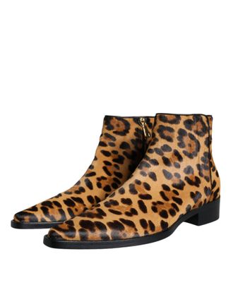 Dolce & Gabbana Womens Brown Leopard Calf Fur Ankle Boots Shoes Black And Lamb Leather