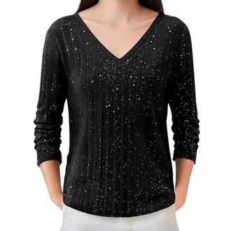 Generic Hauts &agrave; paillettes pour femme grande taille - Haut tendance &agrave; manches 3/4 pour femme, coupe large, col en V, taille fusel&eacute;e, &eacute;paules droites, chemise 
