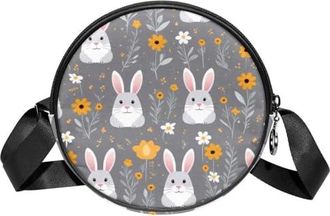 Generic Petit sac &agrave; bandouli&egrave;re circulaire pour femme, lapins, fleurs, petit sac &agrave; bandouli&egrave;re avec fermeture &eacute;clair, bretelles r&eacute;glables, sac &agrave; main rond d&eacute;c