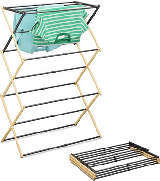 Relaxdays W&auml;schest&auml;nder, klappbar, ausziehbar, 11 Stangen, HxBxT: 107 x 43-74 x 37 cm, Bambus & Metall, Natur/schwarz