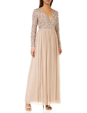 Maya Damen Ladies Maxi Dress for Women with Long Sleeves V Neckline Plunging Sequin Embellished for Wedding Guest Bridesmaid Prom Kleid, Taupe Blush, 40 DE