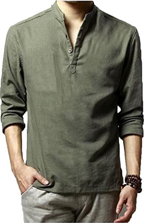Hoerev Marke Men Casual Langarm-Leinen Shirts Strand-Hemden- Gr. S Brust 90-94cm DE46, Farbe: Gr&uuml;n