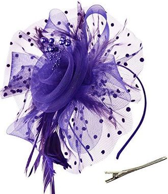 Dreshow Fascinator Chapeau Plume Mariage Dames Day Bandeau et Clip Cocktail Tea Party Chapeau pour Fille et Femmes,Taille unique,Violet-Purple