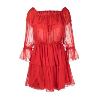 Gucci Rose Rotes Seidenkleid mit Carmen-Ausschnitt - - Dresses - Damen - Rot - M