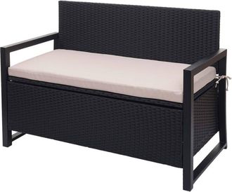 Hhg [NEUWERTIG] Poly-Rattan 2er Sitzbank HHG-564, Gartenbank Truhenbank, Staufach Aufbewahrung Sitzkissen anthrazit, Kissen beige