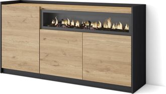Skraut Home | Sideboard, Highboard | Kommode, Komodenschrank | 156x80x37 cm | 3 Türen | Elektrokamin. | Moderner Stil | Eiche Schwarz
