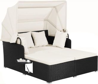 Costway Costway - 2 Places Lit Canap&eacute; de Jardin en Rotin avec Baldaquin R&eacute;tractable, 2 Panneaux Lat&eacute;raux Pliables, 165 x 153 x 138 cm