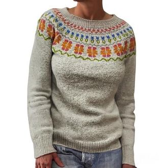 Generic Pull pour femme - Imprim&eacute; vintage - Col rond - Pull surdimensionn&eacute; en tricot &agrave; manches longues - Pull habill&eacute; tendance &agrave; rayures - Confortable - Doux 