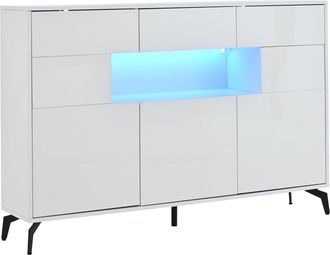 Generic Modernes Sideboard 140 cm mit LED-Beleuchtung - Hochglanz-Wei&szlig;e Kommode mit 3 Schubladen, 5 Schrankf&auml;chern &- Elegantes Wohnzimmerm&ouml;bel aus MDF