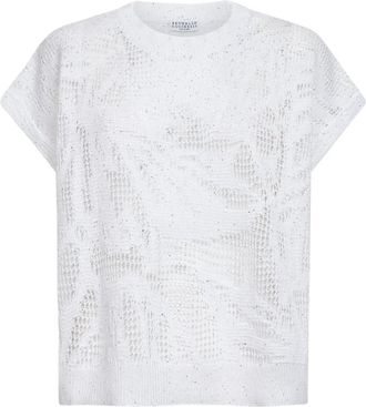 Brunello Cucinelli Femme, Pulls, Blanc, Taille: 44 FR Top en maille ajour&eacute;e