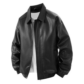 Generic Veste en cuir noir pour homme, blouson de motard en similicuir, col &agrave; revers, couleur unie noire, taille 3XL