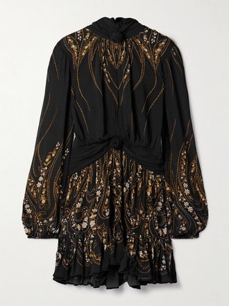Farm Rio Minikleid Aus Georgette Mit Blumenprint Und Schluppe - Schwarz