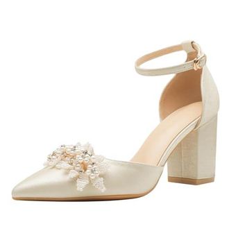Generic Qynthra Escarpins Satin DOrsay pour Femme - Appliqu&eacute; Floral Strass sur Bout, Talon Bloc carr&eacute; & Bride Cheville, Chaussures de c&eacute;r&eacute;monie de Mariage,Alm