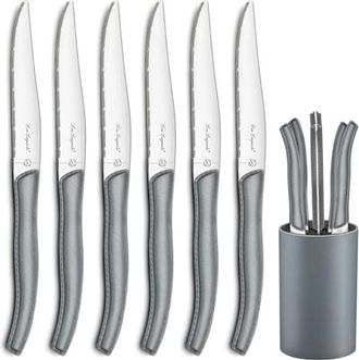 Lou Laguiole 2271GYK005K35 Sky Bloc 6 couteaux steak, Acier inoxydable/Manche couleur effet cuir Gris, 11 x 9 x 26 cm
