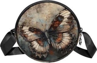 Generic Sac &agrave; bandouli&egrave;re rond pour femme, motif papillon vintage, petit sac &agrave; bandouli&egrave;re avec fermeture &eacute;clair, bretelles r&eacute;glables, sac &agrave; main rond d&eacute;contr