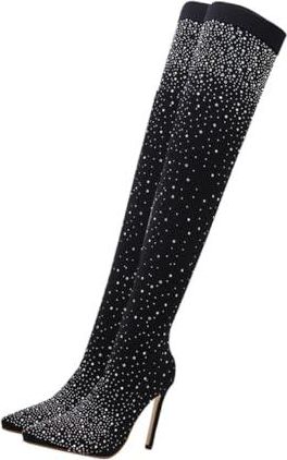 Beaupretty Longues Pour Femme à Bout Effilé Avec Pierres Brillantes Chaussures à Talons Hauts Noires Pour Automne Et Hiver