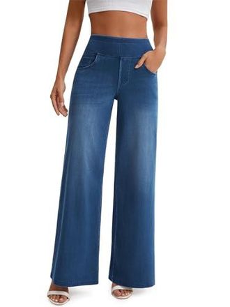 Generic Jean large pour femme - Pantalon de surv&ecirc;tement extensible &agrave; taille &eacute;lastique - Pantalon en jean ample &agrave; enfiler - Pantalon de yoga ample - Pantalon d