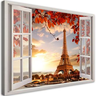 Feeby Bild auf Leinwand - Wohnzimmer Aesthetic - Fensterblick Pariser Eiffelturm - 120x80 1tlg - Schlafzimmer Wandekoration - Vlies Bilder für Zimmer - Livi
