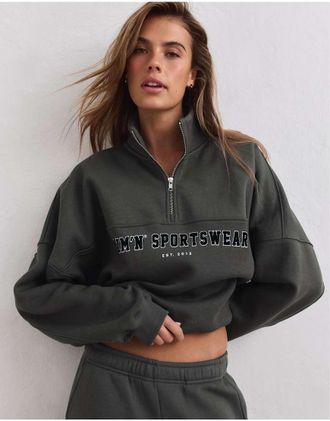 Aim'n dunkelgr&uuml;nes Varsity-Sweatshirt mit halbem Rei&szlig;verschluss in Dark Ivy