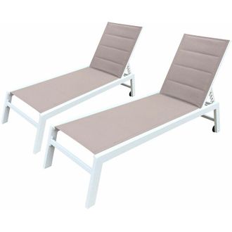 Happy Garden Lot de 2 bains de soleil BARBADOS en textil&egrave;ne taupe - aluminium blanc