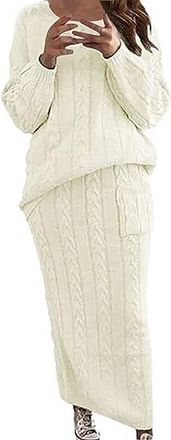 Generic Ensemble 2 pi&egrave;ces &eacute;l&eacute;gant pour femme - Automne - Jupe festive 2 pi&egrave;ces et haut &eacute;l&eacute;gant - Col rond - Manches longues - Pull en tricot stretch - Jupe mi