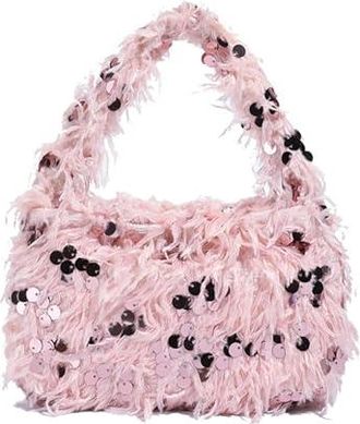Generic Sac &agrave; main en peluche &agrave; paillettes avec cha&icirc;ne - Pochette de soir&eacute;e luxueuse - Sangle amovible - Sac &agrave; bandouli&egrave;re en plumes duveteuses - Sac &agrave; main p