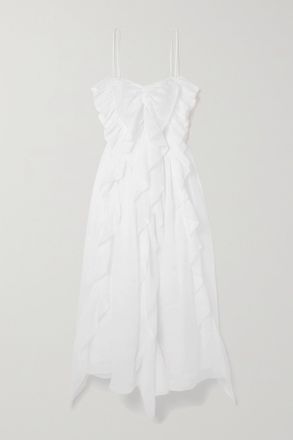 Chlo&eacute; Robe Midi En Ramie &Agrave; Volants - Blanc
