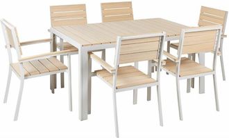 Beliani Gartenm&ouml;bel Set Beige und Wei&szlig; Aluminium Kunstholz 7-Teilig 6-Sitzer Tisch 150 x 90 cm und 6 St&uuml;hle Modern f&uuml;r Terrasse Outdoor Ausstattung