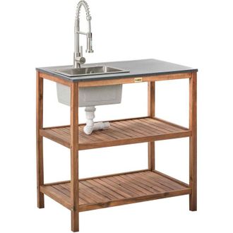 Beliani Outdoor-K&uuml;cheninsel Braun u. Silber Akazienholz 80x50x83 cm mit Sp&uuml;le Armatur Modern Outdoor-K&uuml;chenm&ouml;bel f&uuml;r Garten Drau&szlig;en Au&szlig;enbereich