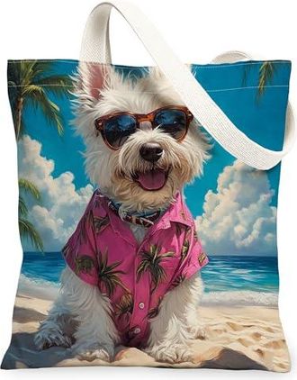 Generic Beach Westie Sac fourre-tout en toile pour faire du shopping 33 x 38,1 cm, sac &agrave; bandouli&egrave;re r&eacute;utilisable pour femme, peinture danimaux domestiques, d