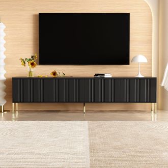 Generic TV Schrank schwarz mit Stauraum Vier T&uuml;ren Rillen Design goldene Beine Soft Close Scharniere modern stabil vielseitig lowboard stehend f&uuml;r Technik und