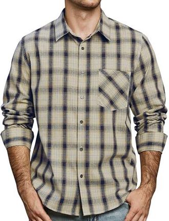 JOGAL Chemise à carreaux pour homme - Manches longues - Coupe droite - En coton - Avec poche, beige, XXL