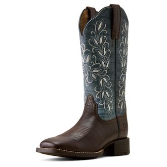 Ariat Womens Round Up Holly Wide Square Toe Western Boots in Chocolate Croc Print Denim Croc Print, B Medium Width, Size 41.5, by Ariat