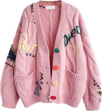 Generic 2026 Vestes pour femmes cardigan chaud tricot&eacute; veste pull veste poche broderie mode cardigan en tricot manteau femme ample, rose, Taille unique