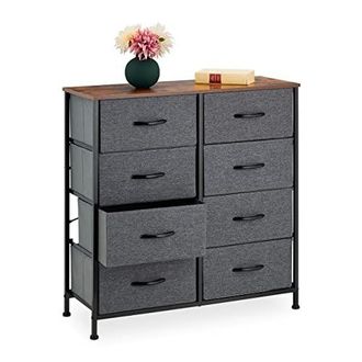 Relaxdays Kommode Industrial, HBT 81,5 x 80 x 30 cm, 8 Schubladen, Stoff & Metall, Holzoptik, Flurschrank, grau/braun
