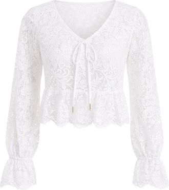 Michael Kors Femme, Blouses et Chemises, Blanc, Taille: 42 FR Chemisier en dentelle florale &agrave; cordonnet
