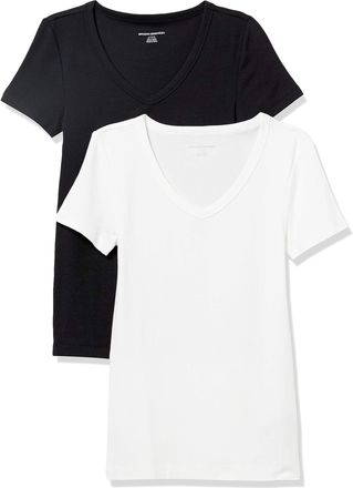 Amazon Essentials Damen Kurzärmeliges T-Shirt mit V-Ausschnitt, Schmale Passform, 2er-Pack, Schwarz/Weiß, XXL