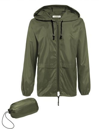 Coofandy Herren Regenjacke Leicht Regen Jacke Wasserdicht Outdoorjacke Faltbare Regenmantel mit Kapuze Windbreaker Outdoor Armee Grün 3XL