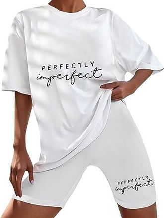 Generic Ensemble de sport 2 pi&egrave;ces pour femme - Ensemble de salon d&eacute;t&eacute; 2026 - Imprim&eacute; - V&ecirc;tements assortis - T-shirts et shorts - Ensemble assorti, blanc, XXL