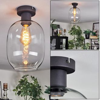 HOFSTEIN Deckenleuchte Apedo, 1-flammige Deckenlampe aus Metall/Glas in Schwarz/Klar, moderne Leuchte im Retro/Vintage-Design (Ø 20 cm), E27, Esszimmer, Wohnzi