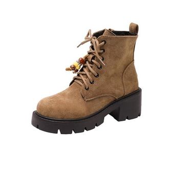 Generic Bottes &agrave; lacets pour femme - Style d&eacute;contract&eacute; et &eacute;l&eacute;gant - Bout rond - Talon &eacute;pais - Antid&eacute;rapant - Fermeture &eacute;clair lat&eacute;rale - Confortables - Noir e