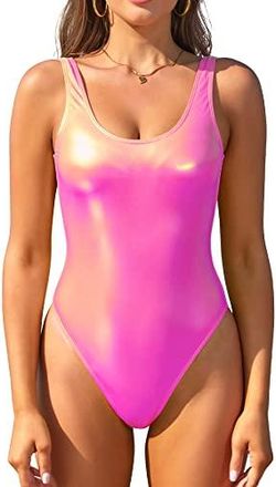 SHEKINI Maillot de bain une pièce métallique brillant à encolure dégagée dos nu pour femme - Maillot de bain une pièce non rembourré à dos bas, rose fluo, XS