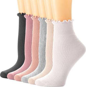 Dreshow 6 Paires Chaussettes &agrave; Volants en Coton en Tricot Chaussettes &agrave; Volants pour Femmes Chaussette de Cheville D&eacute;contract&eacute;es Chaussette en Coton Tricot&eacute;es
