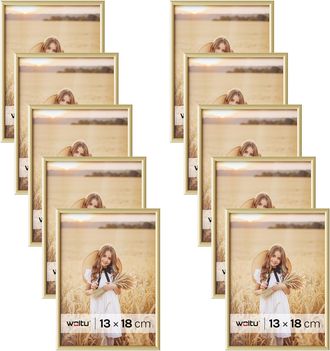 Woltu Bilderrahmen 13x18 cm, 10 Set, Fotorahmen Gold, Aluminium, mit Passepartout, zum vertikalen oder horizontalen Aufh&auml;ngen/Aufstellen, f&uuml;r Fotos, Bilder