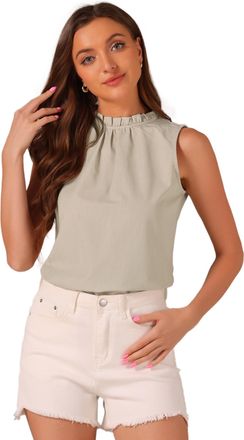 Allegra K Damen Bluse &Auml;rmellos Stehkragen R&uuml;schenbesatz Einfarbig Elegant Top Khaki S