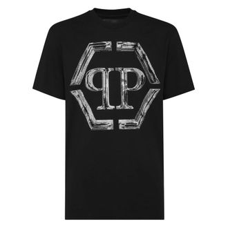Philipp Plein Homme, Tops, Noir, Taille: 3XL T-Shirt Col Rond Hexagon
