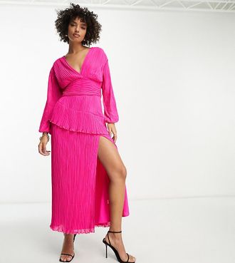 Asos Tall ASOS DESIGN Tall - Plissiertes Midikleid mit G&uuml;rtel in knalligem Rosa